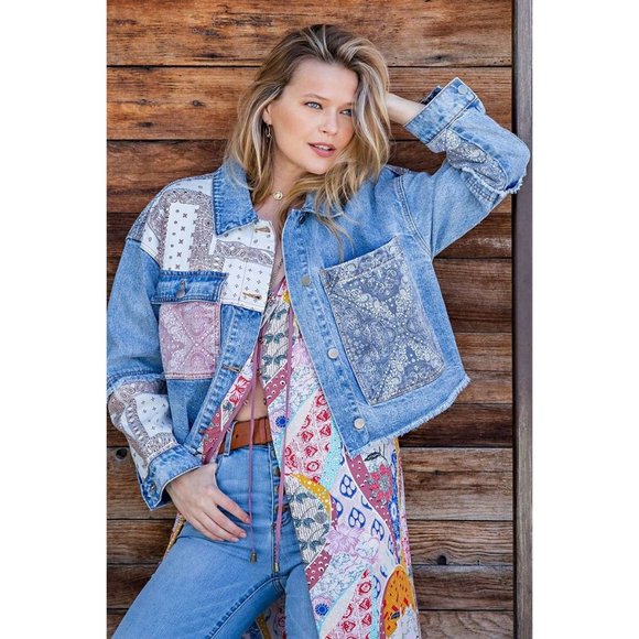 easel | Jackets & Coats | Easel Washed Denim Patchwork Pattern Chest ...